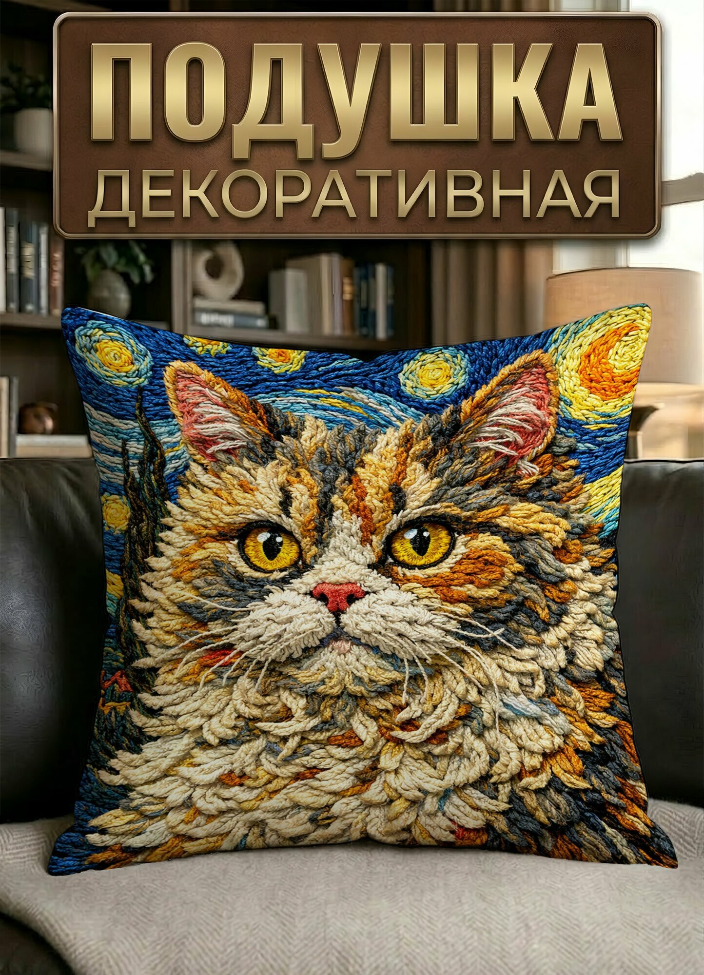 Подушка декоративная Кошки Ван Гог Звездная ночь Селкирк-рекс