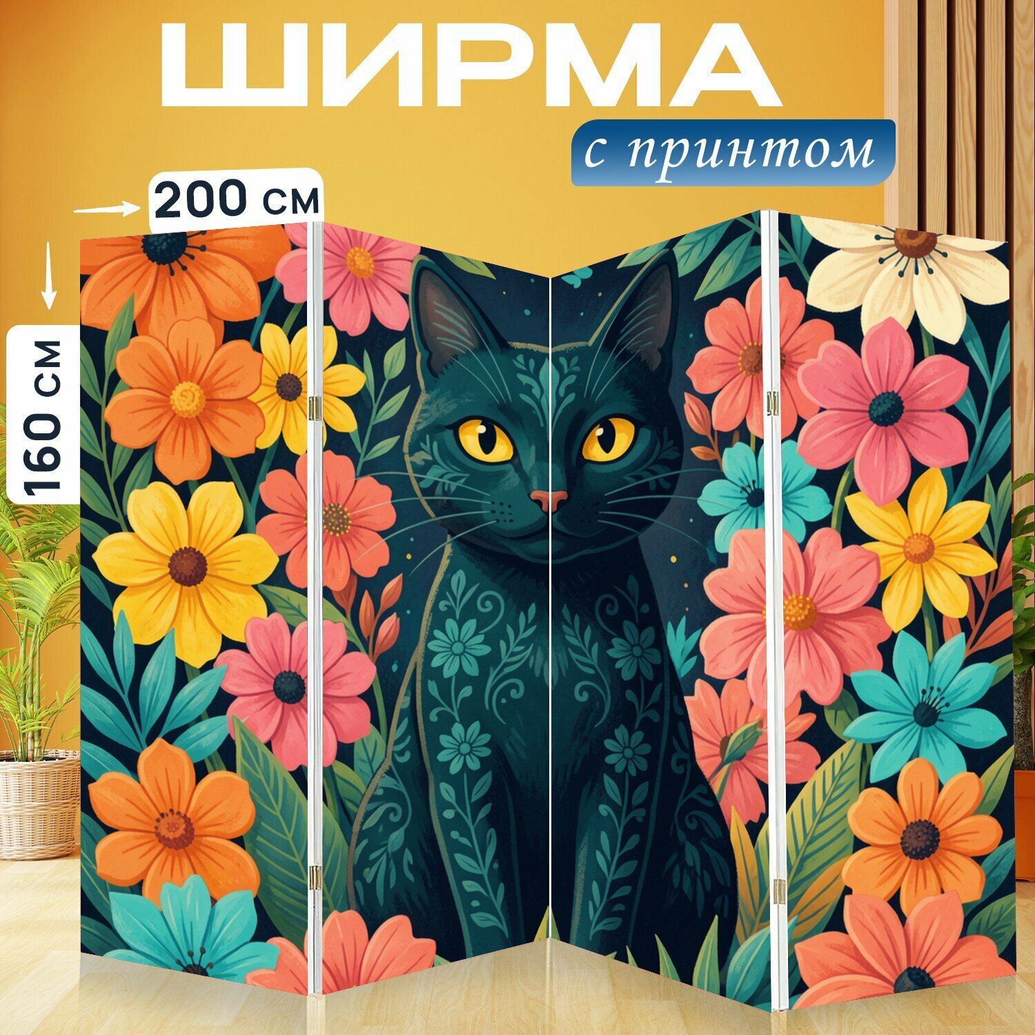 Ширма "Черный кот среди цветов. Яркая декоративная иллюстрация с темным котом в окружении крупных разноцветных." перегородка для зонирования комнаты с принтом 200x160 см. на холсте