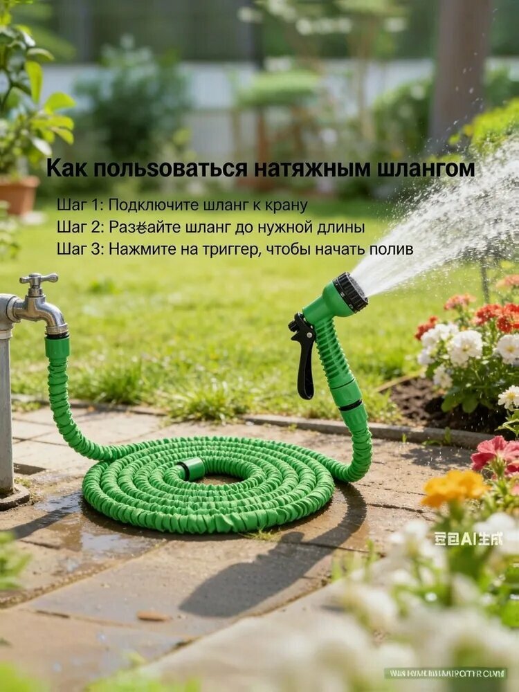 Растягивающийся шланг для полива с многофункциональным распылителем, 3-кратное растяжение, двухслойная конструкция, для сада, дачи и мойки авто