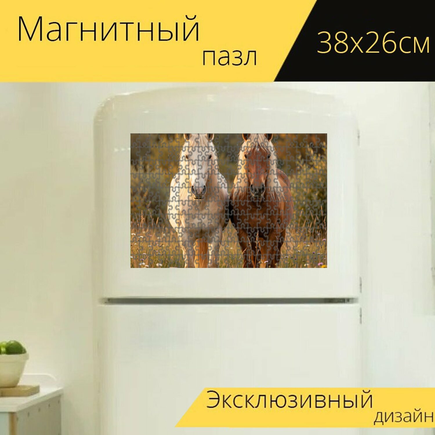 Магнитный пазл "Две лошади на лугу. Пара грациозных коней в теплых золотистых тонах среди луговых трав и полевых цветов, мягкий размытый фон, естественный." для интерьера, 38х26 см.