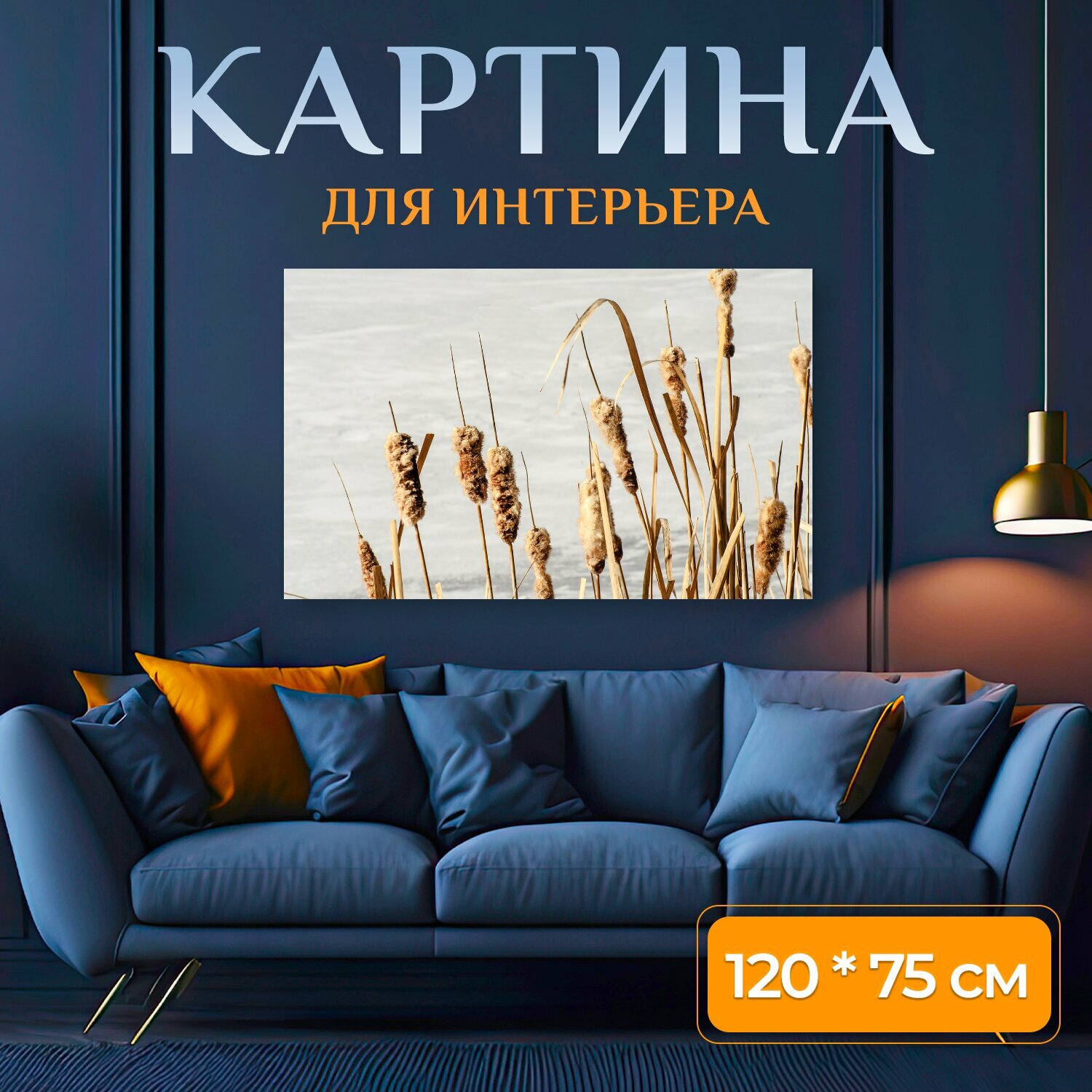 Картина на холсте "Рогоз, камыши, растения" на подрамнике 120х75 см. для интерьера