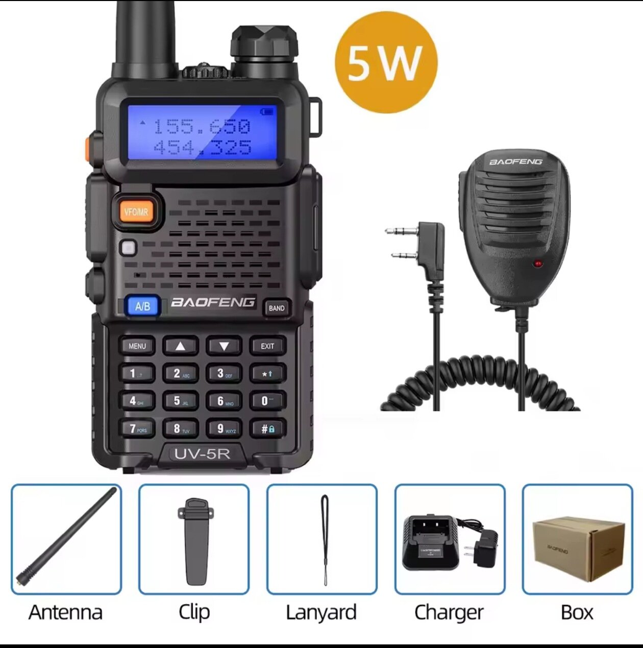 Радиостанция Baofeng UV-5R портативная 8 Вт, двухдиапазонная, с LCD дисплеем и аккумулятором 2800 мАч, дальность связи до 10 км