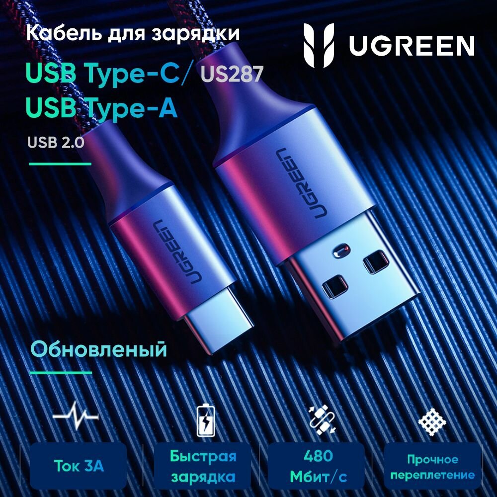 Кабель UGREEN US288 (60133) USB-A 2.0 to USB-C Cable Nickel Plating Aluminum Braid. Длина: 2м. Цвет: серебристый