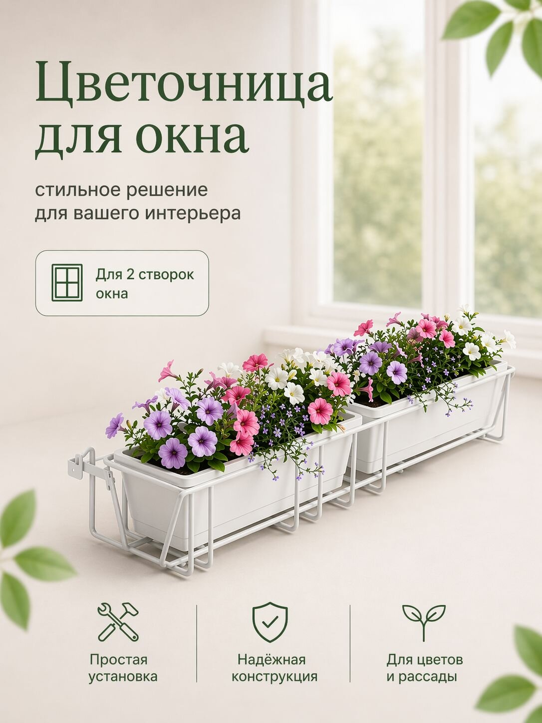 Цветочница оконная SMART-ZASLON, раздвижная, на 2 створки окна, правая