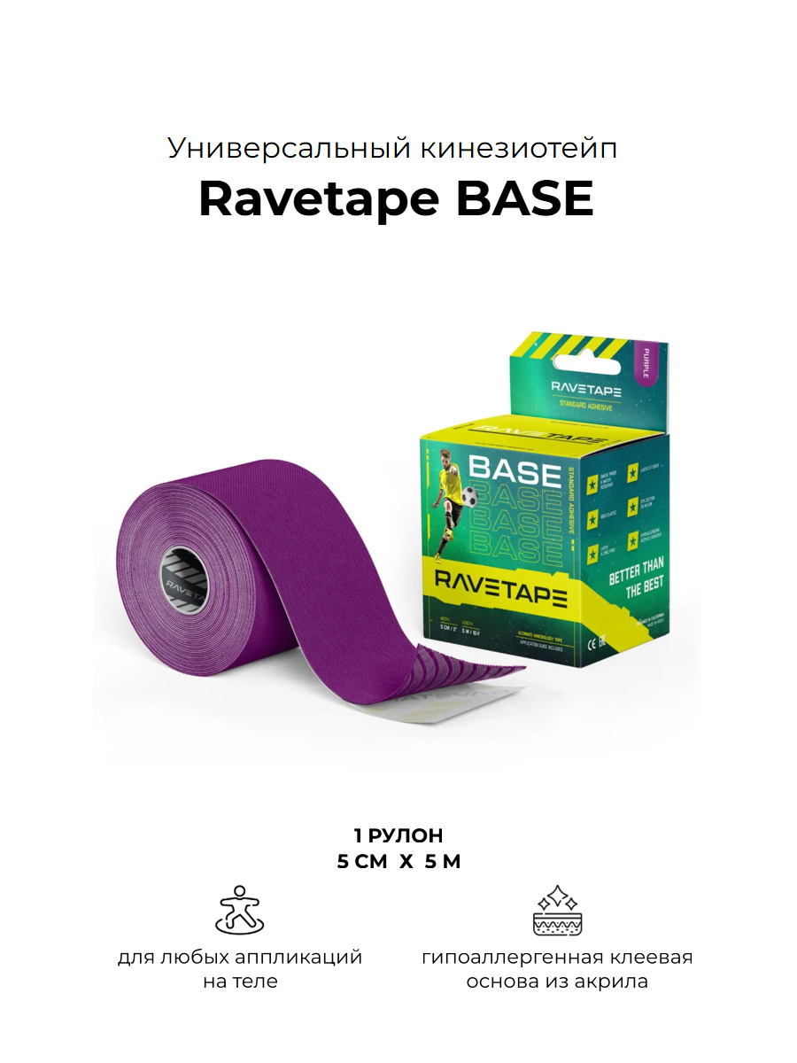 Универсальный кинезиотейп для тела RaveTape BASE, 1 рулон, без латекса, 5 см х 5 м, фиолетовый