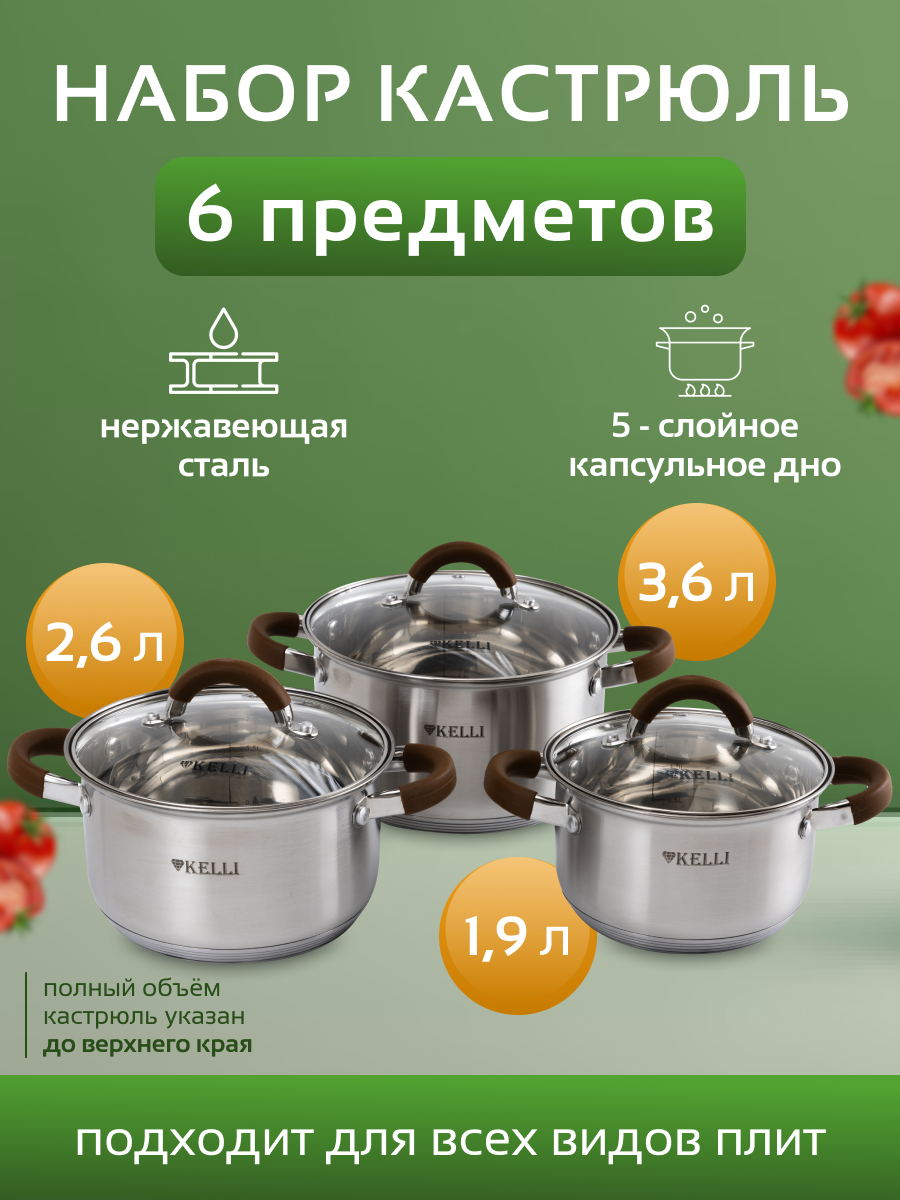 Набор кастрюль KELLI, нержавеющая сталь, капсульное дно, 1.9/2.6/3.6 л 3 шт