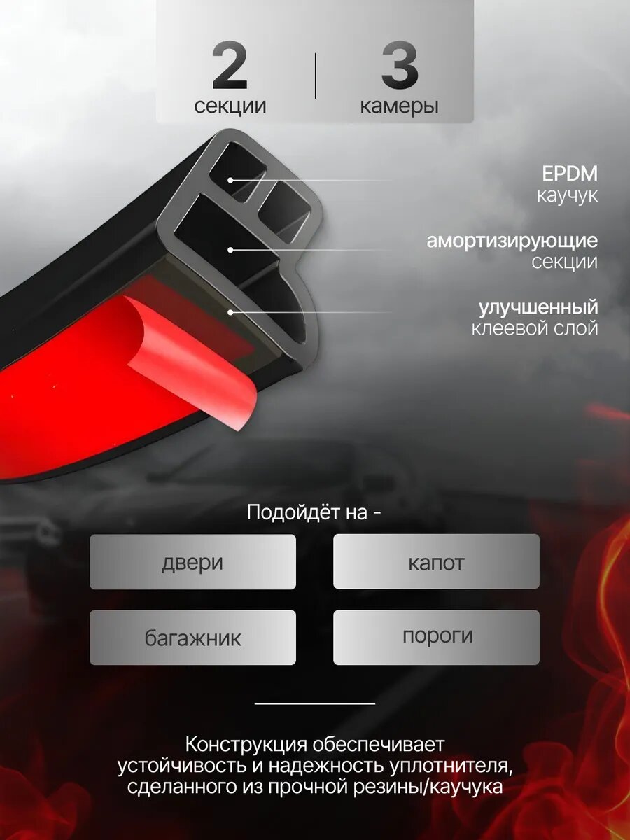 Уплотнитель для дверей автомобиля, самоклеящийся, универсальный, черный, 10м — фото 1