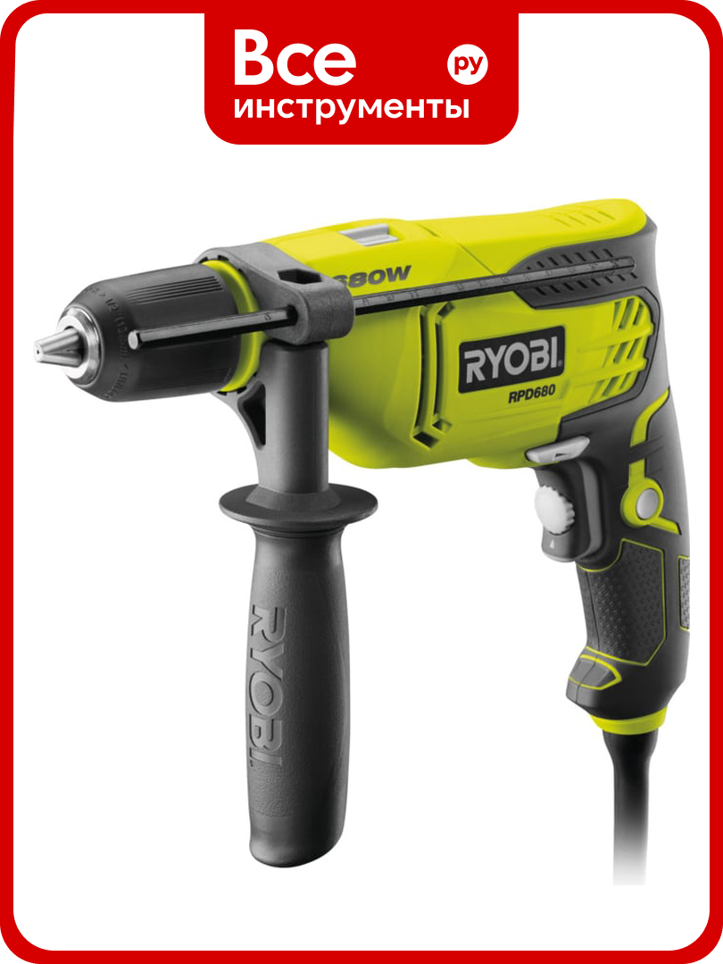 Ударная дрель Ryobi RPD680-K щеточный двигатель, реверсивный механизм, плавный пуск