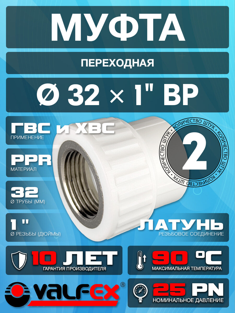 Муфта полипропиленовая переходная с внутренней резьбой 32x1" (2 шт)