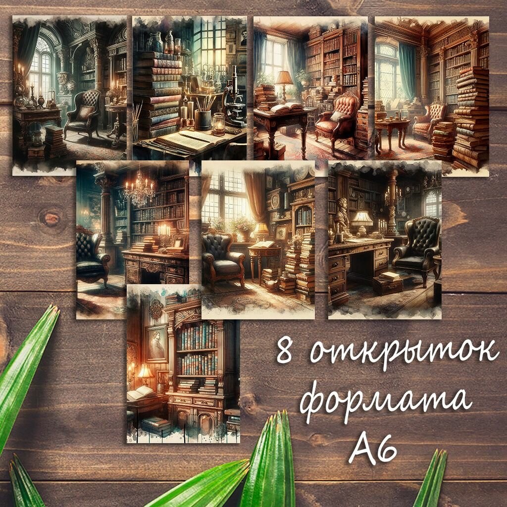 Большой набор открыток Книги, библиотека, 8 штук
