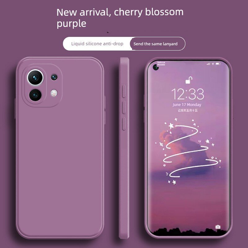 Жидкий силиконовый чехол для Xiaomi 11 - Цвет вишнево-розовый, узкий прилегающий, включая защитное стекло и жидкую ленту