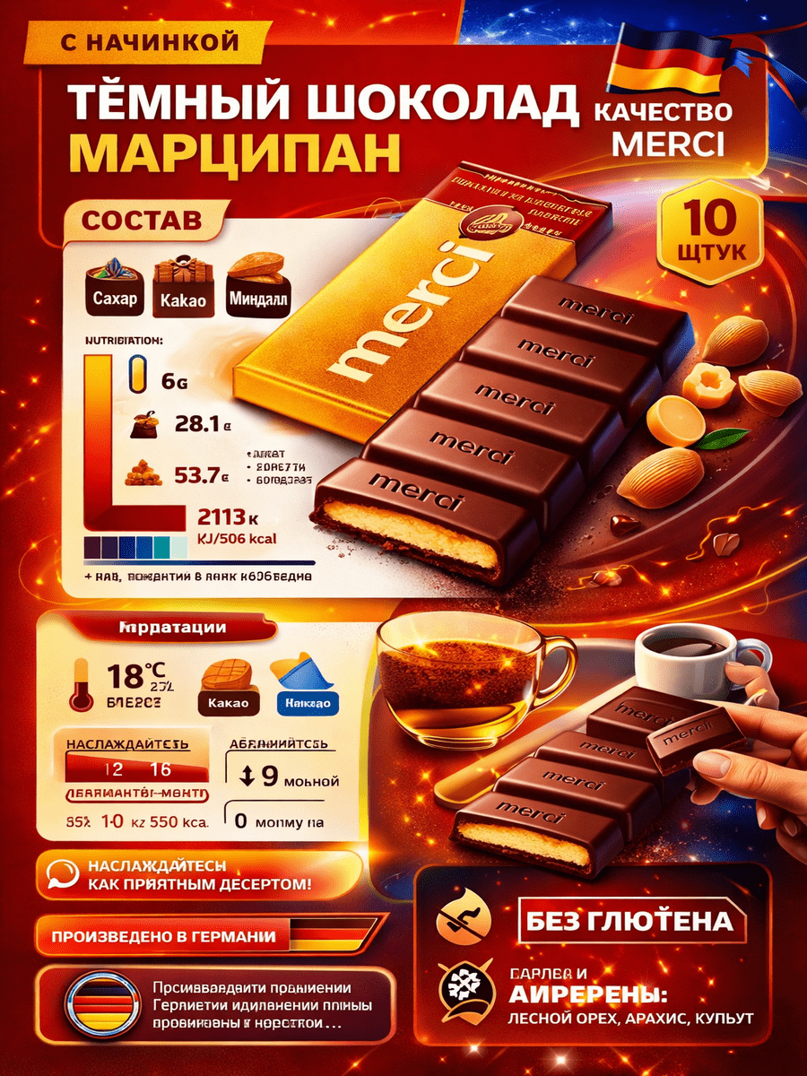 Шоколад темный MERCI Марципан, 112г x 10 упаковки