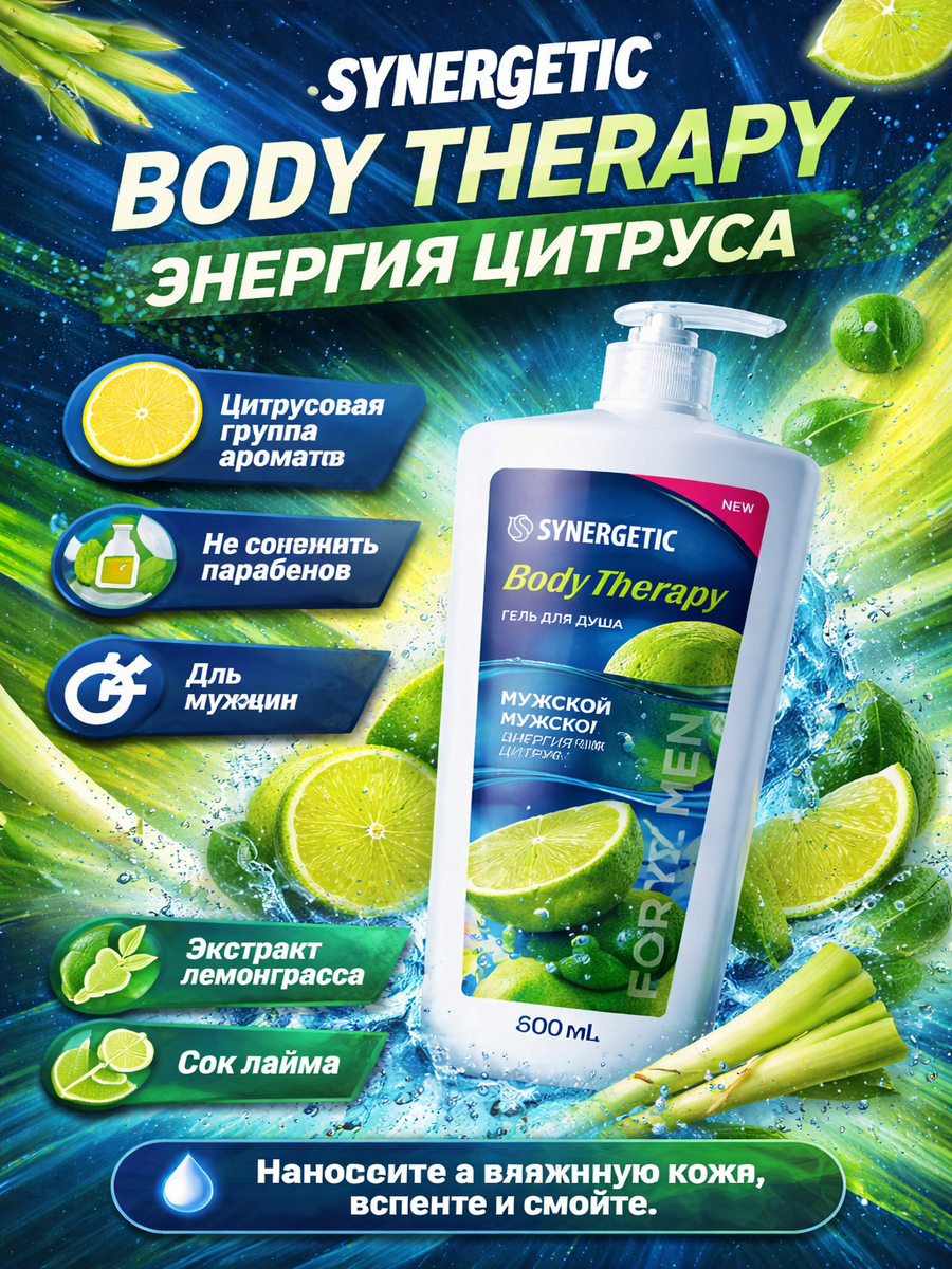 Гель для душа Synergetic Body Therapy мужской Энергия цитруса, 900мл