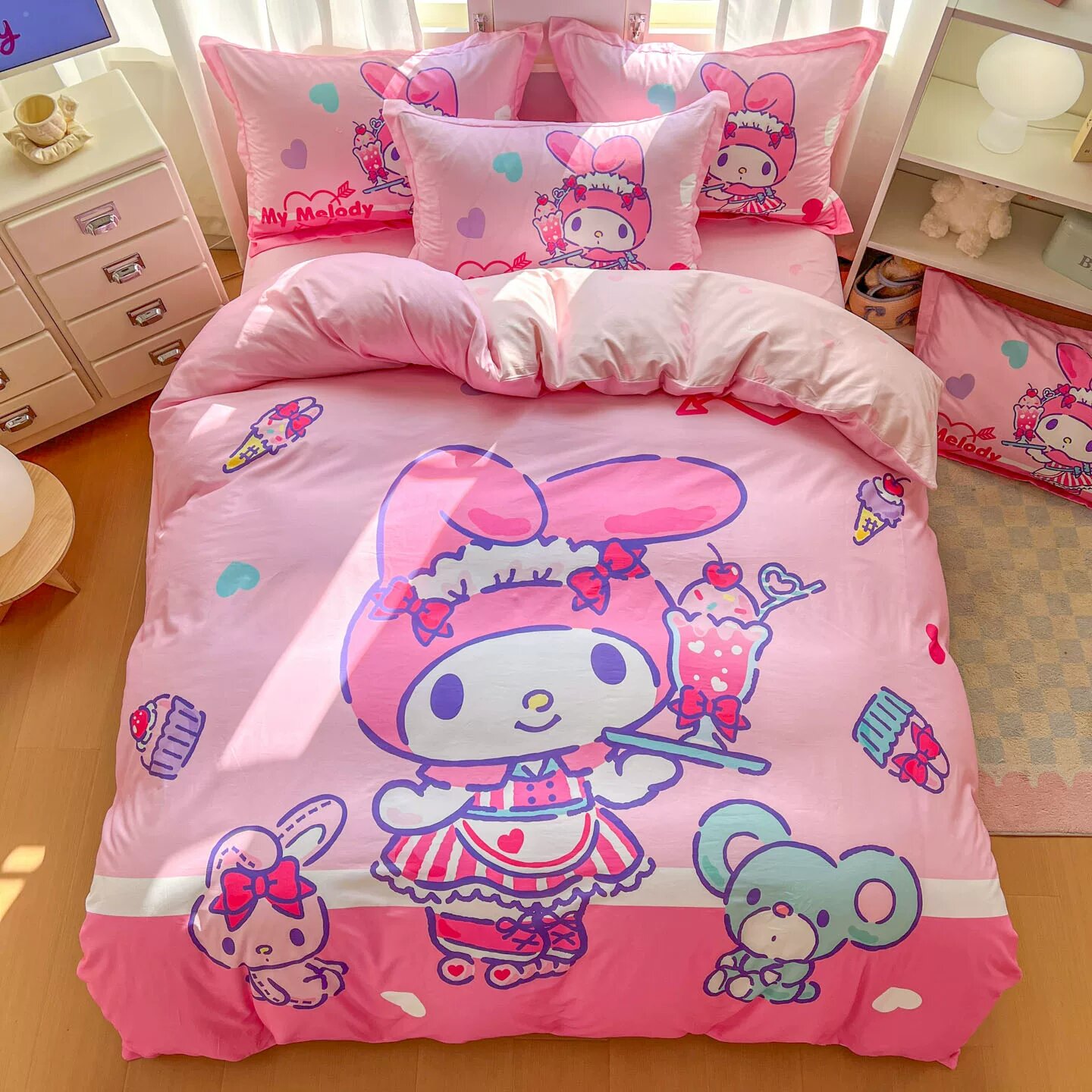 Комплект постельного белья Sanrio Melody из чистого хлопка, четыре предмета, милый девичий дизайн, пододеяльник,