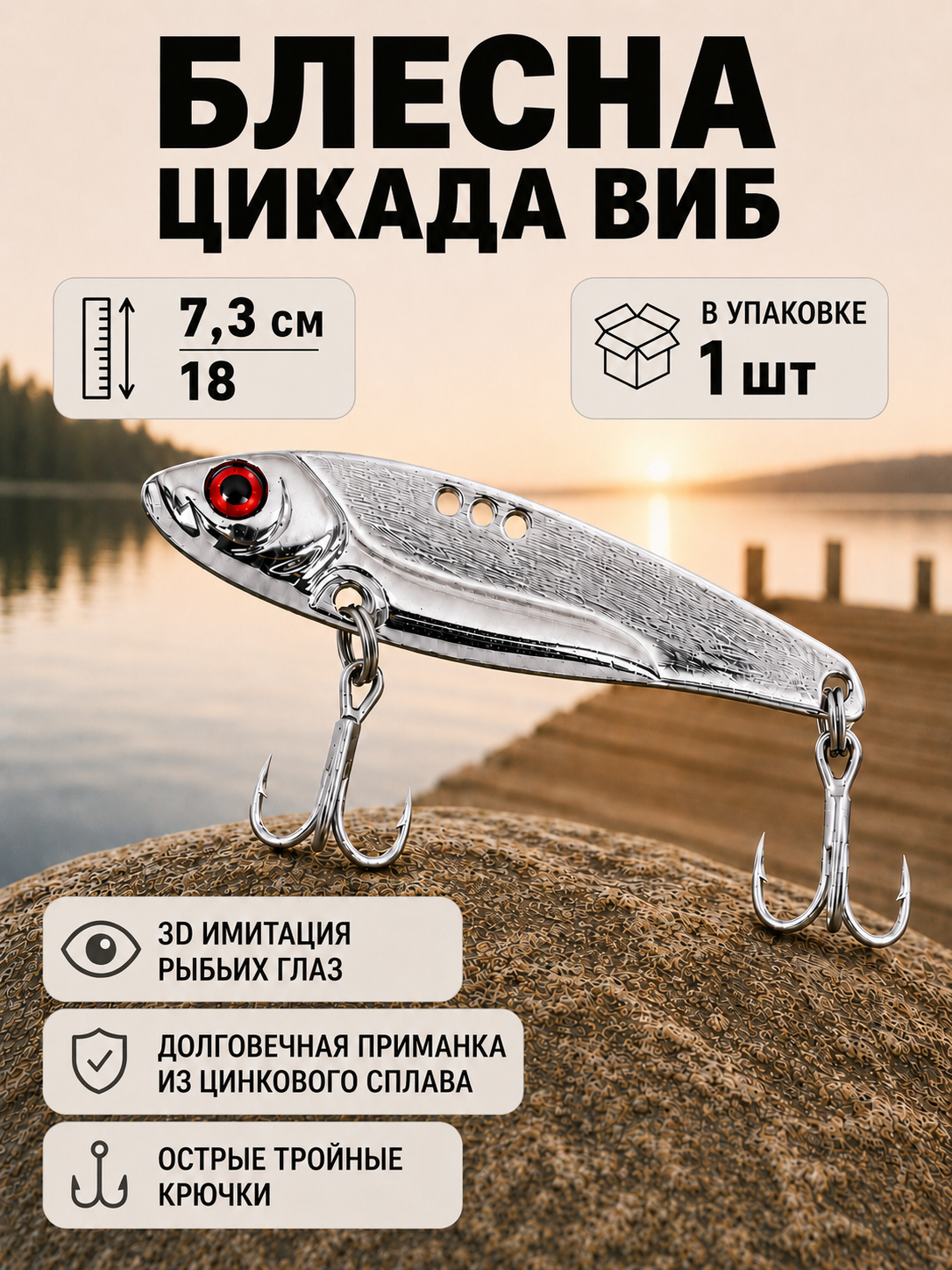 Рыболовная вибрационная металлическая виб-приманка/Джиг-спиннер/блесна цикада, для дальнего заброса 7,3 см/18 г, серебристая