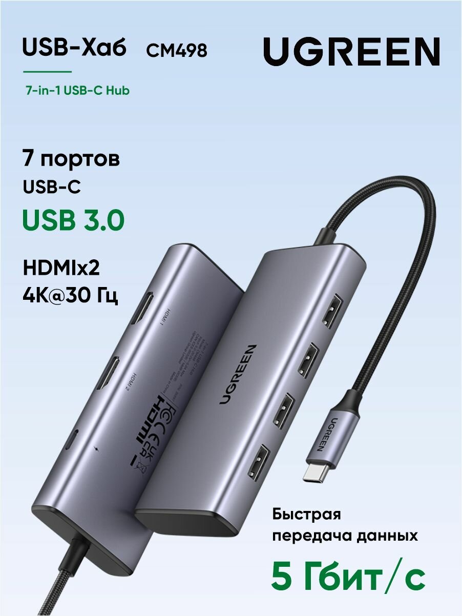 Хаб UGREEN CM498 (35897) 7-in-1 USB-C Hub. Цвет: серый