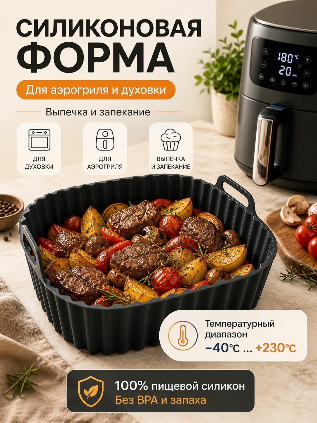 Силиконовая форма для аэрогриля для запекания 20х20см