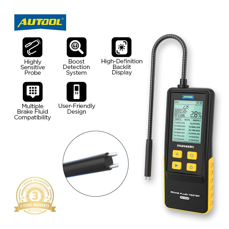 Автомобильный тестер тормозной жидкости AUTOOL AS502, автомобильный тестер тормозной жидкости DOT3 DOT4 DOT5.1, инструмент для обнаружения, цифровой тестер