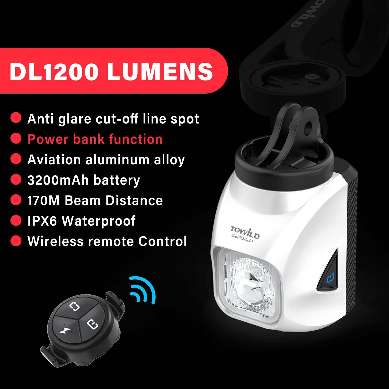 TOWILD DL1200S Велофонарь, 1200 Люмен, Белый