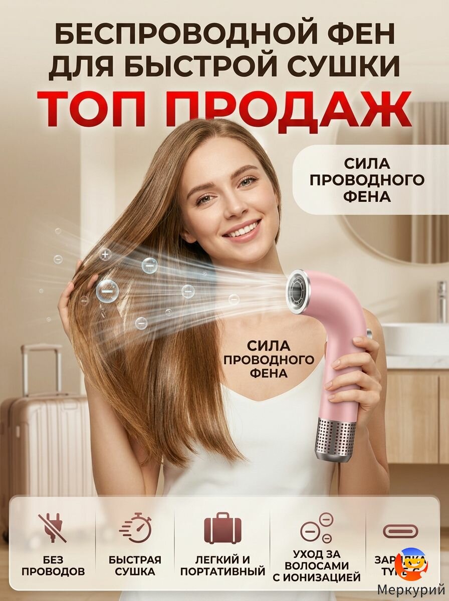 Беспроводной фен для волос, аккумуляторный, мощный воздушный поток, 3 скорости, для дома и поездок