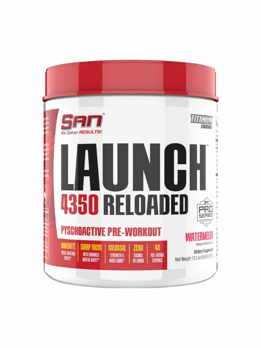 Предтренировочный комплекс SAN, Launch 4350 Reloaded Watermelon, порошок 291 г, со вкусом арбуза, Спортивное питание для тренировок, для набора мышечной массы, для силы, энергии и выносливости