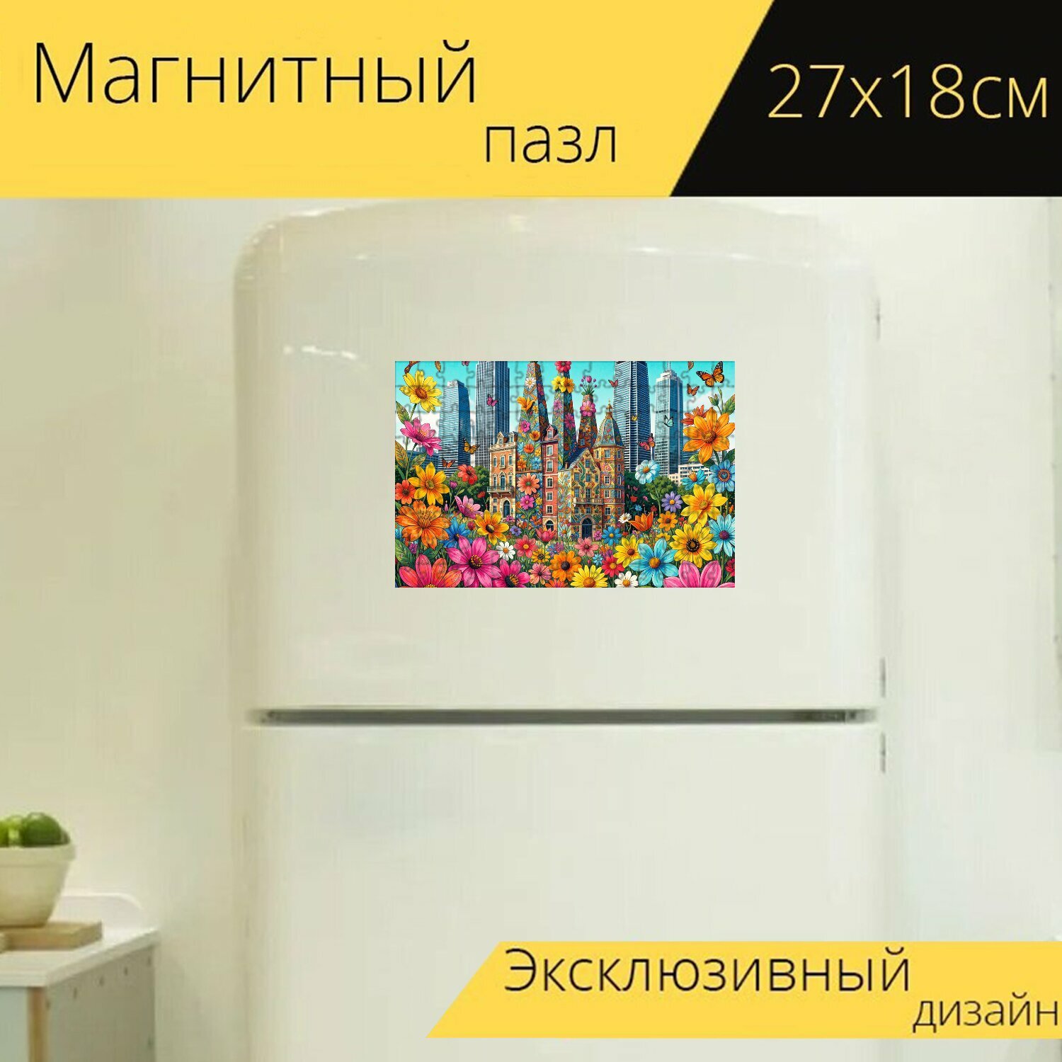 Магнитный пазл "Цветочный город с бабочками. Фантазийный пейзаж с небоскрёбами и домами, украшенными цветочными орнаментами, вокруг пышное разноцветье." на холодильник 27 x 18 см.