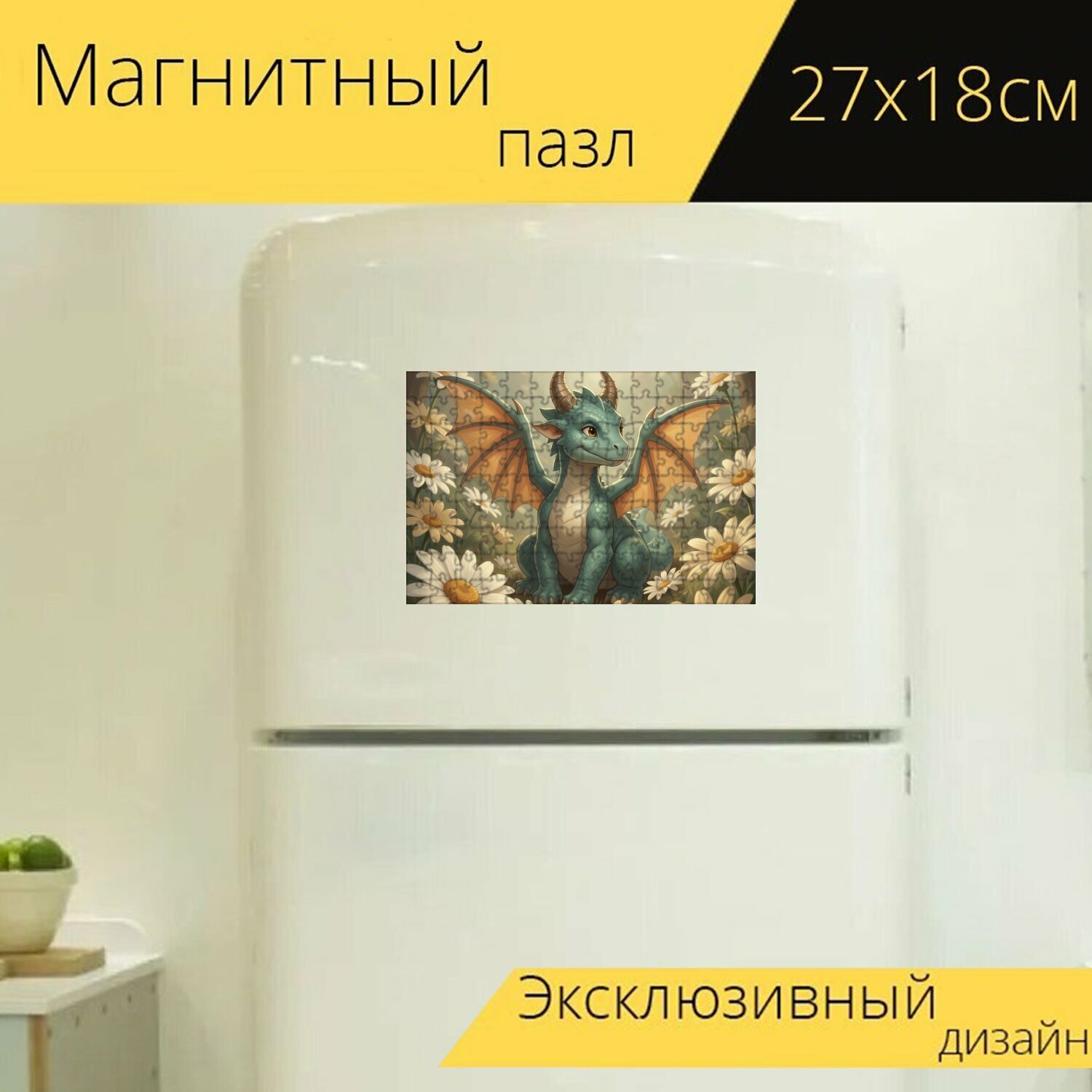 Магнитный пазл "Милый дракон в цветущем лесу. Очаровательный сказочный зверёк с крыльями и рожками среди ромашек в туманной чаще. Мягкая иллюстрация в." на холодильник 27 x 18 см.