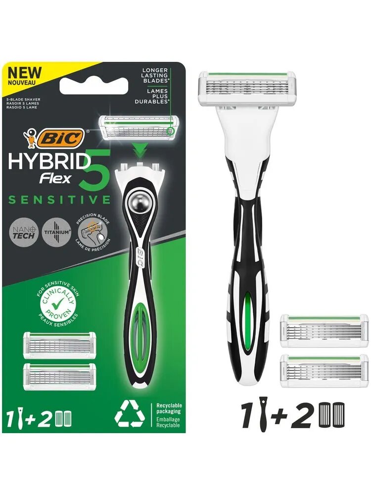 Бритва мужская BIC Hybrid 5 Flex для чувствительной кожи, 5 нанотехнологичных подвижных лезвий, плавающая головка, увлажняющая полоска, 1 ручка и 2 сменные кассеты в упаковке