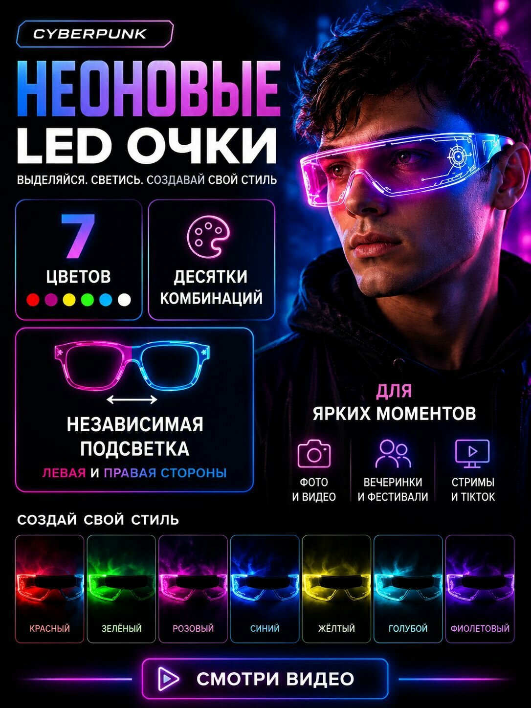 Светящиеся очки Cyberpunk LED с независимой подсветкой, неоновые очки для вечеринки, косплея, фестиваля и фотосессии светодиодные очки киберпанк-очки очки с подсветкой