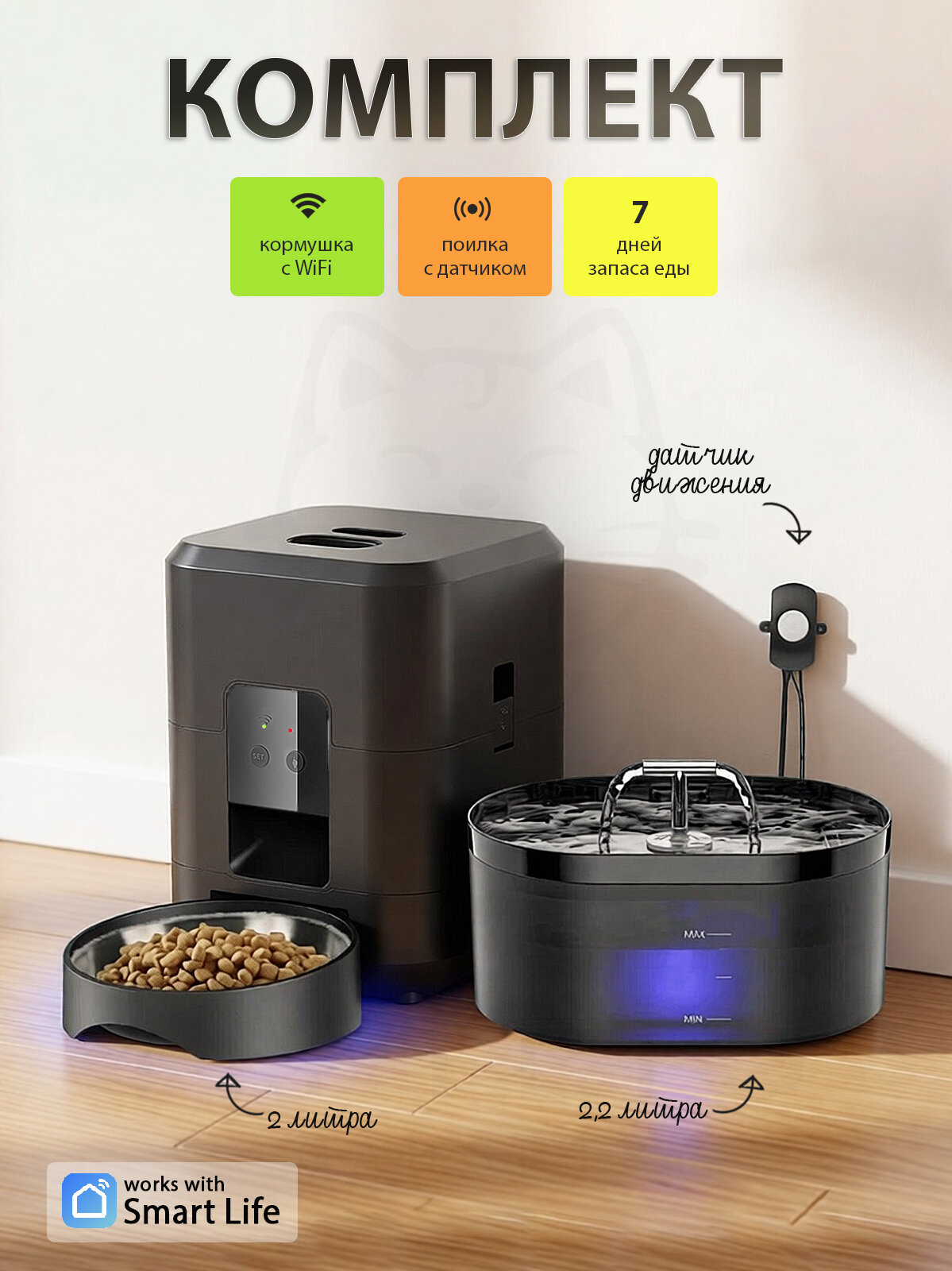 Автокормушка WiFi 2L и автопоилка с датчиком движения 2,2L в наборе MY PETS GADGETS