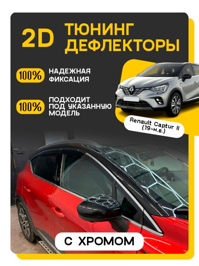 Плоские тюнинг дефлекторы для Renault Captur (2019-2026) 2d дефлекторы на Рено Каптюр 2 поколение. Комплект 8 шт + хром
