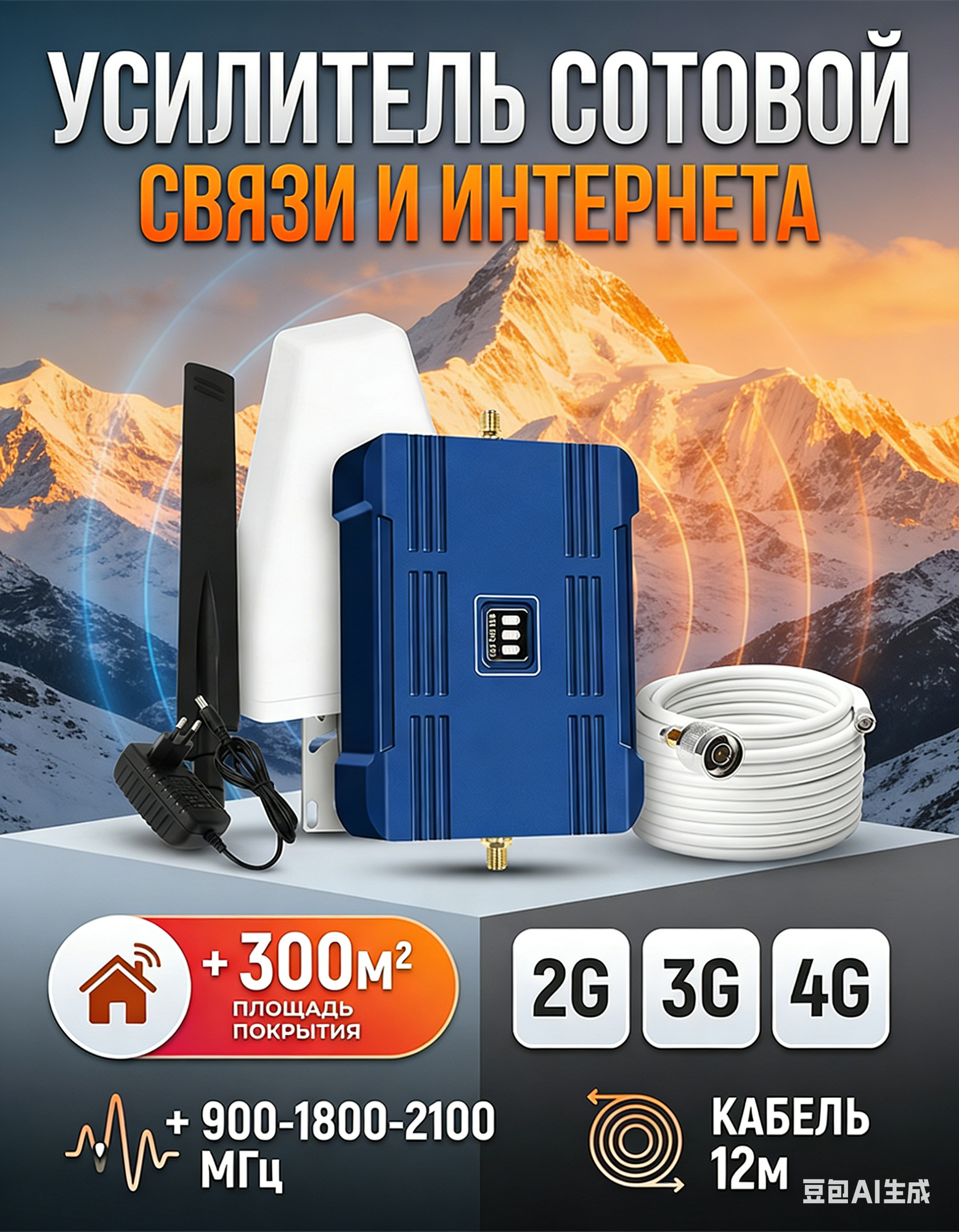 Усилитель сотовой связи 900/1800/2100 МГц (2G/3G/4G): до 70 км, направленный, синий, 1.3 кг