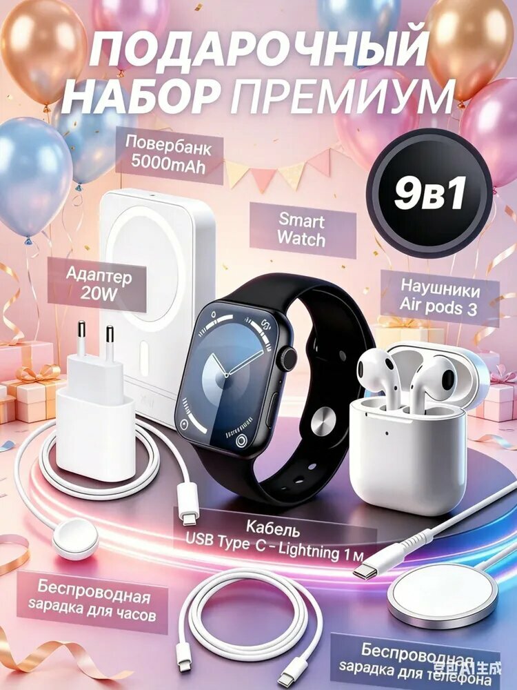 Умные спортивные часы Ultra 9+ 9-в-1 Комплект, включающий зарядное устройство для мобильного телефона, наушники и беспроводное магнитное зарядное устройство, совместимое с iPhone и часами. 49 мм