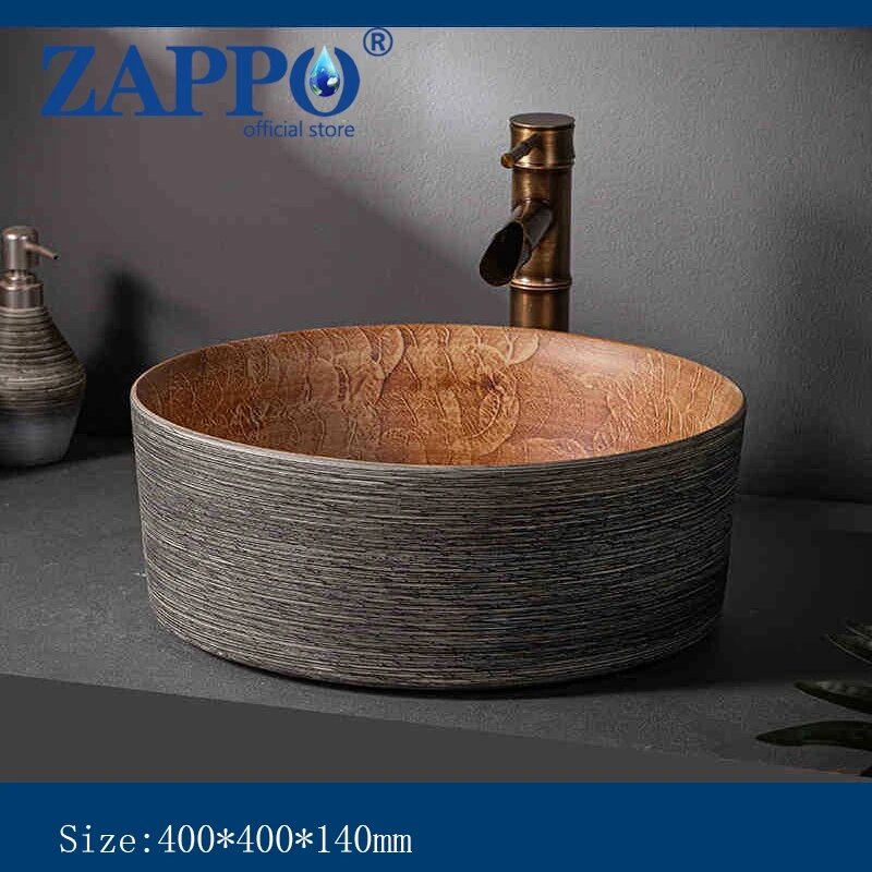 Классическая художественная чаша для раковины ZAPPO Винтаж Ретро керамическая надпольная раковина Стильный деревянный узор Умывальник для ванной комнаты для дома и балкона