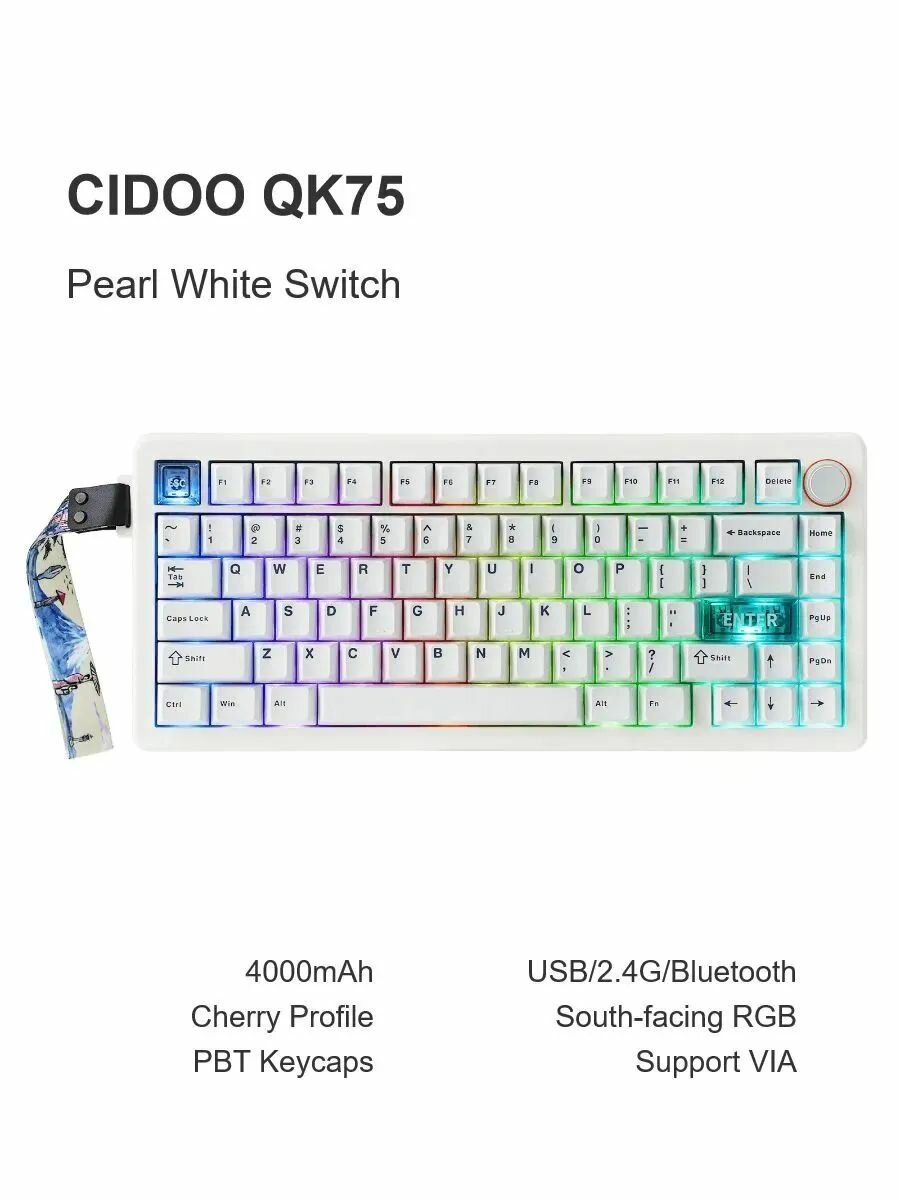 Cidoo Игровая клавиатура беспроводная QK75 для компьютера игровая, (CIDOO Pearl White), Английская раскладка, хром