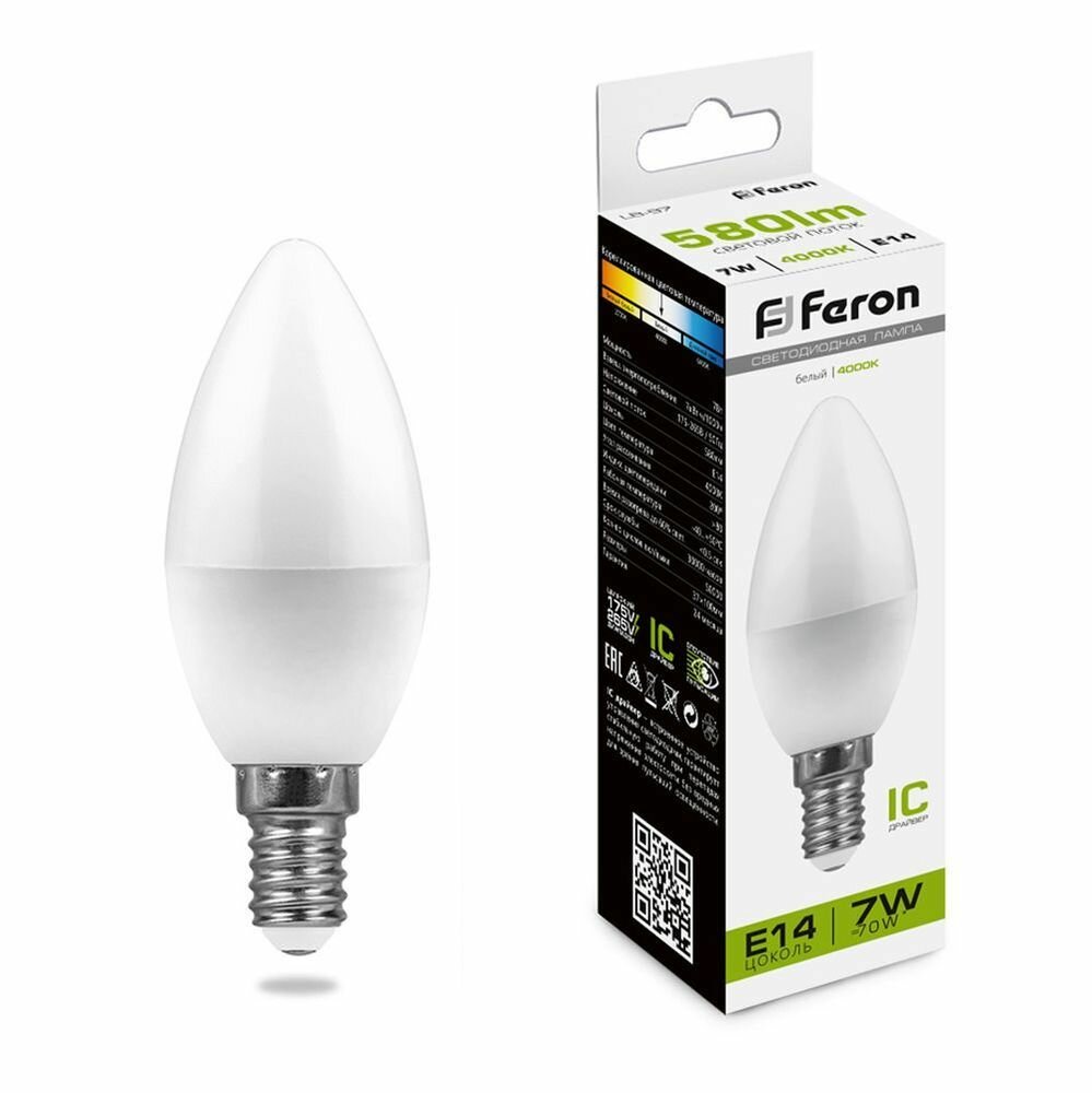 Лампа светодиодная LB-97 Свеча E14 7W 175-265V 4000K комплект 10 штук, FERON 25476