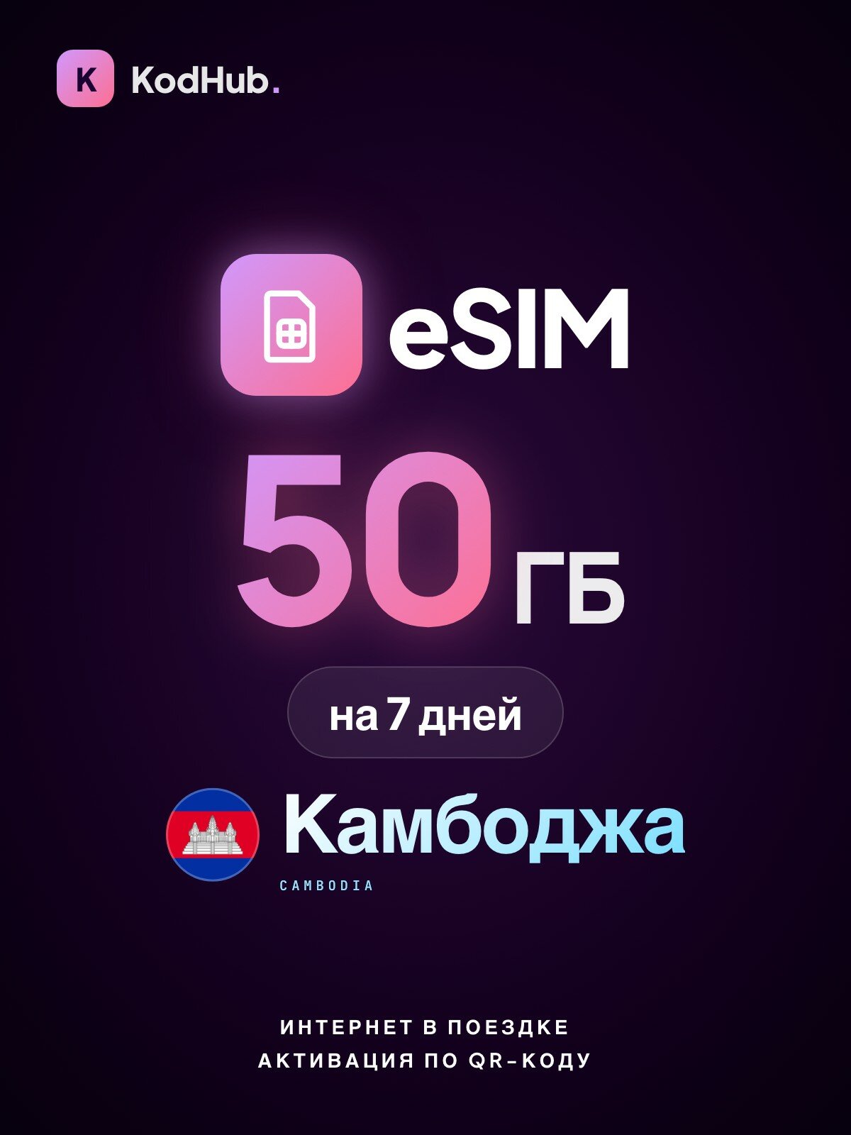 Туристическая eSIM Камбоджа 50 ГБ на 7 дней | интернет в поездке, связь за границей | QR-код активации