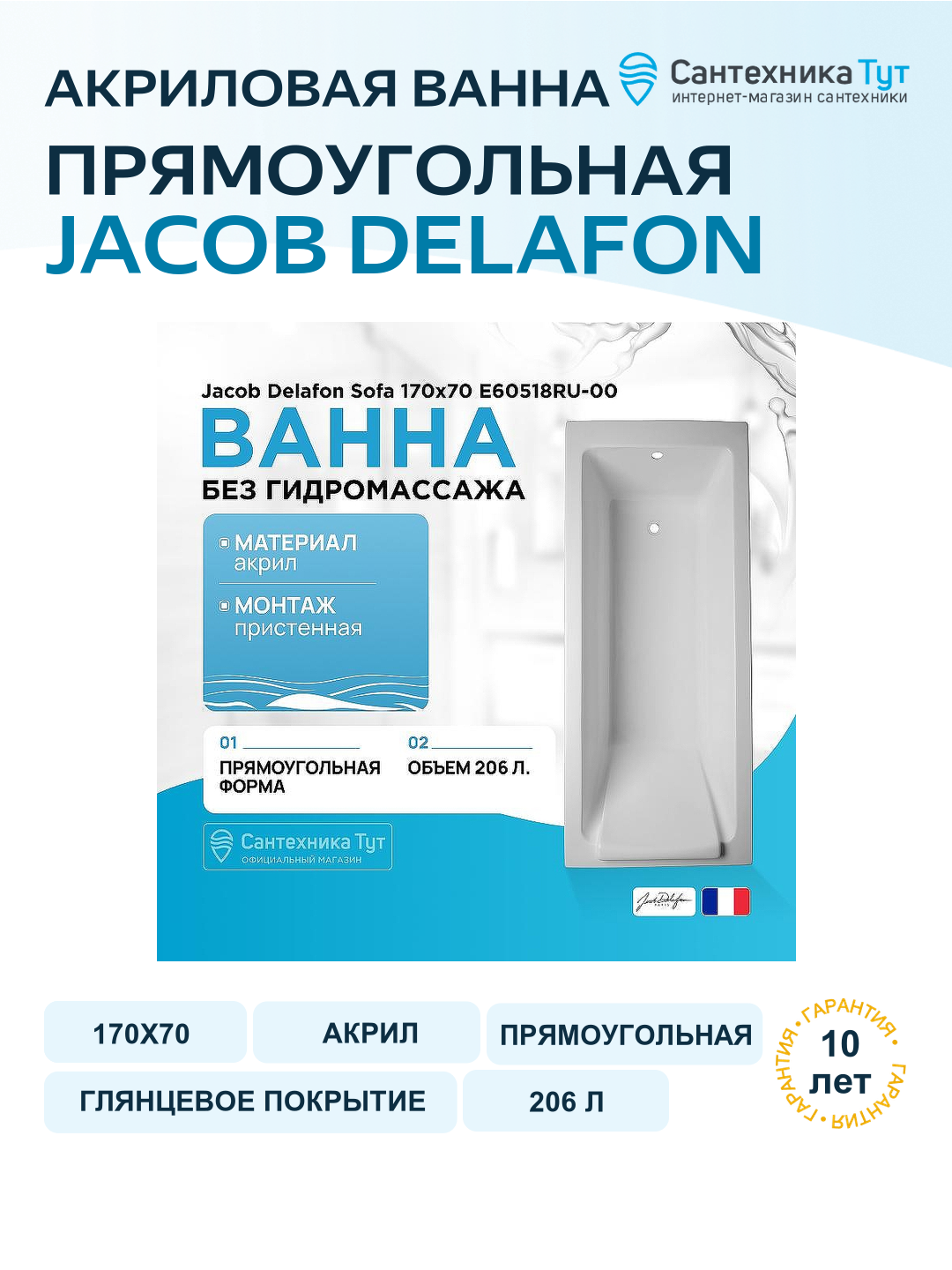 Акриловая ванна Jacob Delafon Sofa 170x70 E60518RU-00 без гидромассажа Прямоугольная
