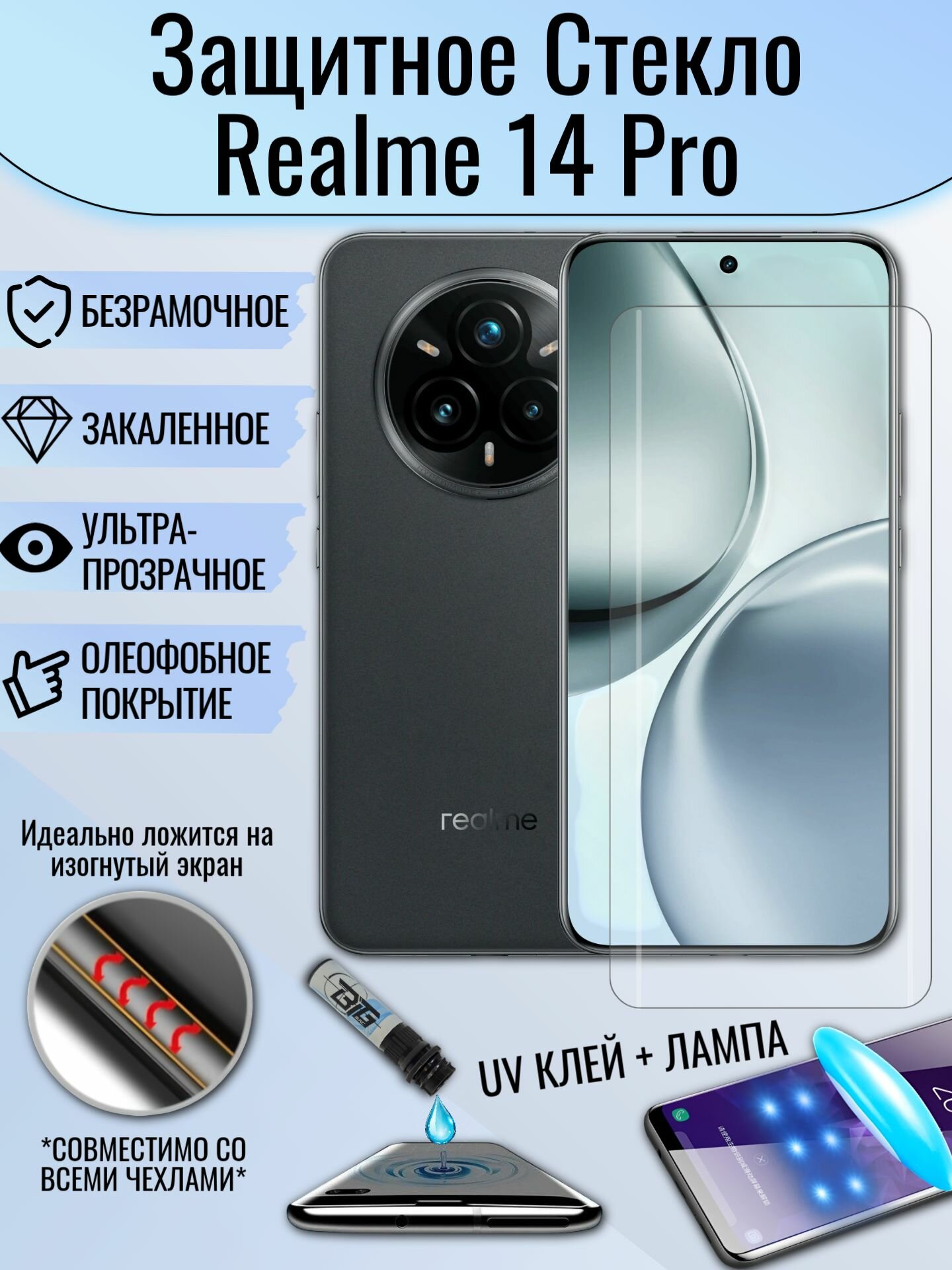 Защитное стекло Realme 14 Pro / реалми 14 про с UV УФ клеем и лампой