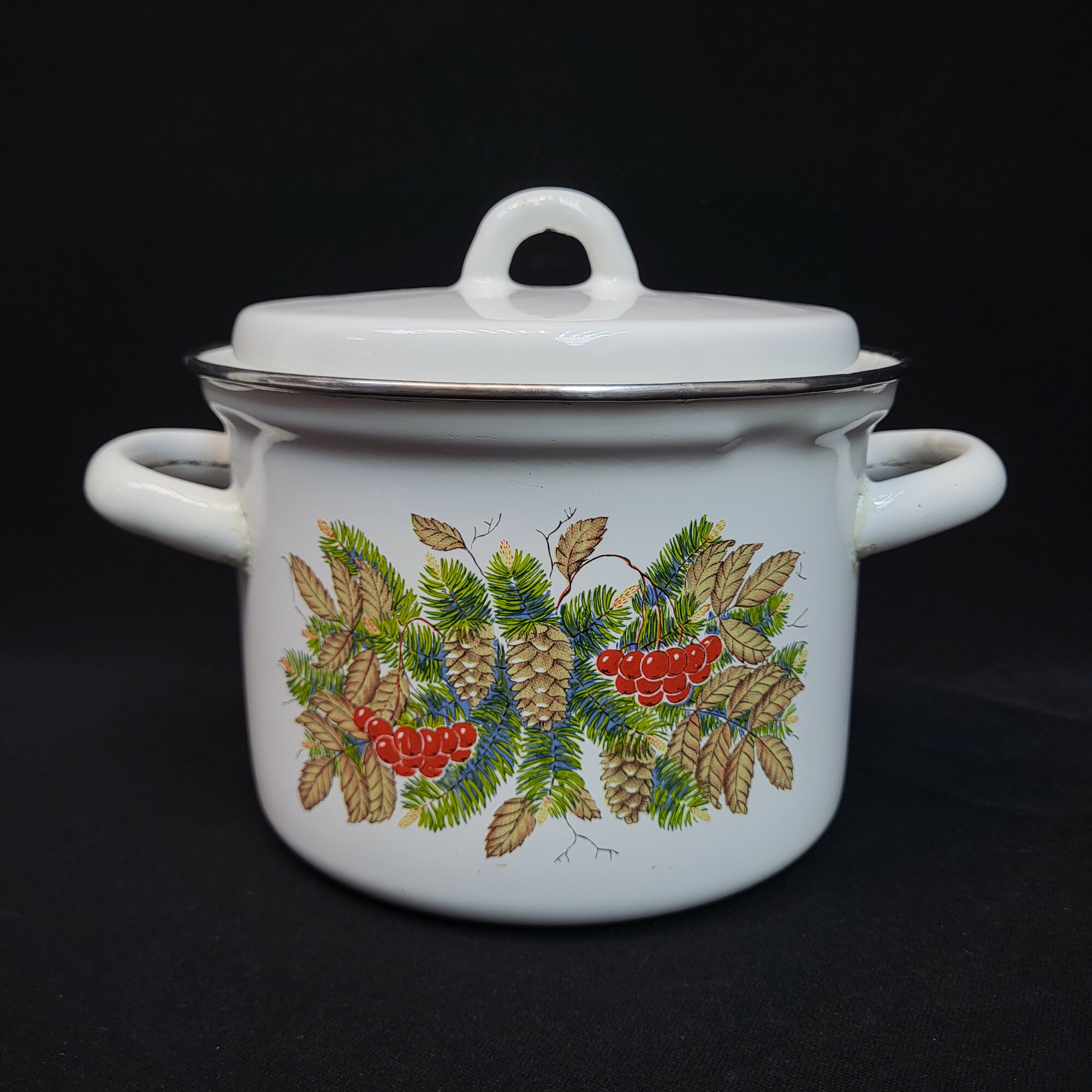 Винтажная кастрюля СССР. Эмалированная с крышкой, белая с рисунком рябины и еловых ветвей