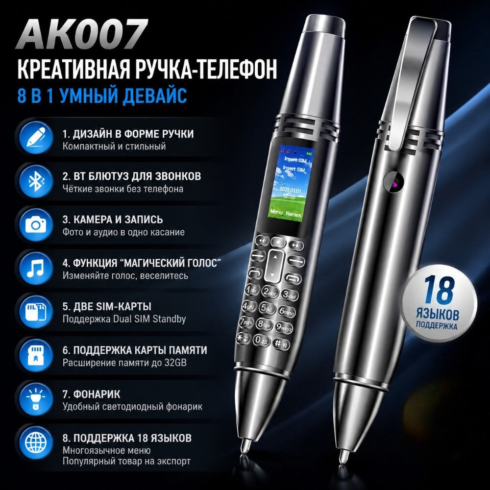 AK007 Мини-телефон-ручка: 0,96-дюймовый Крошечный Экран, Две SIM-карты, Камера, Фонарик, Bluetooth, Диктофон