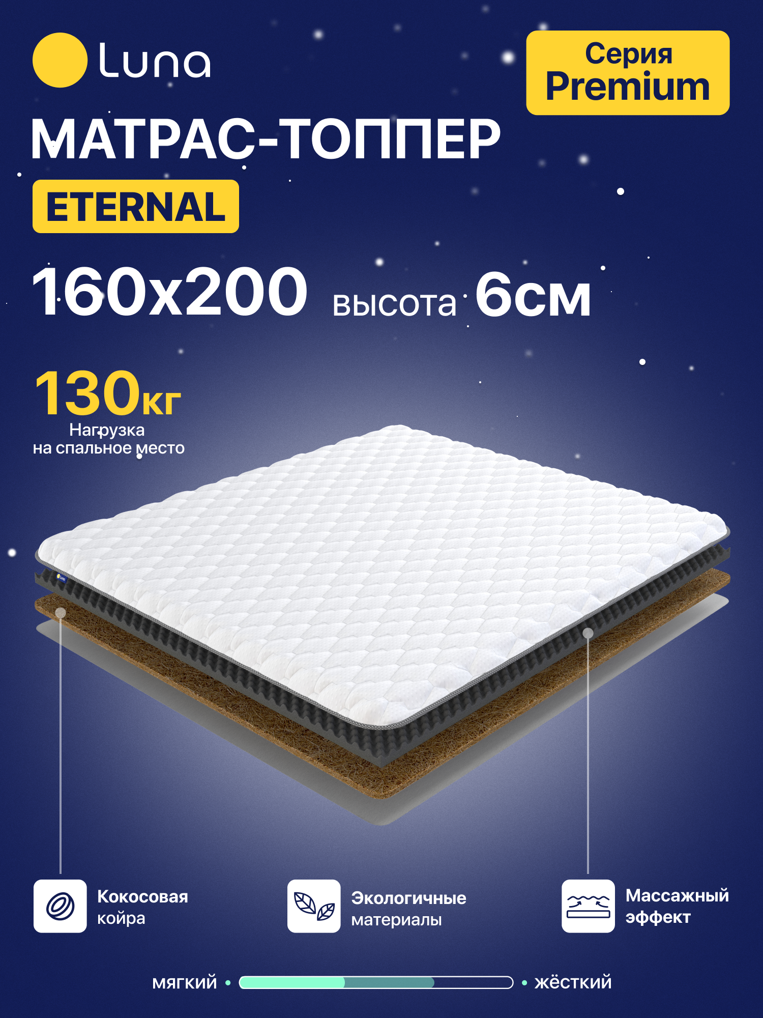 Матрас-топпер Luna Eternal 160х200 см, с кокосовой койрой, ортопедический, с фиксирующими резинками, с массажным эффектом, анатомический, высота 6 см