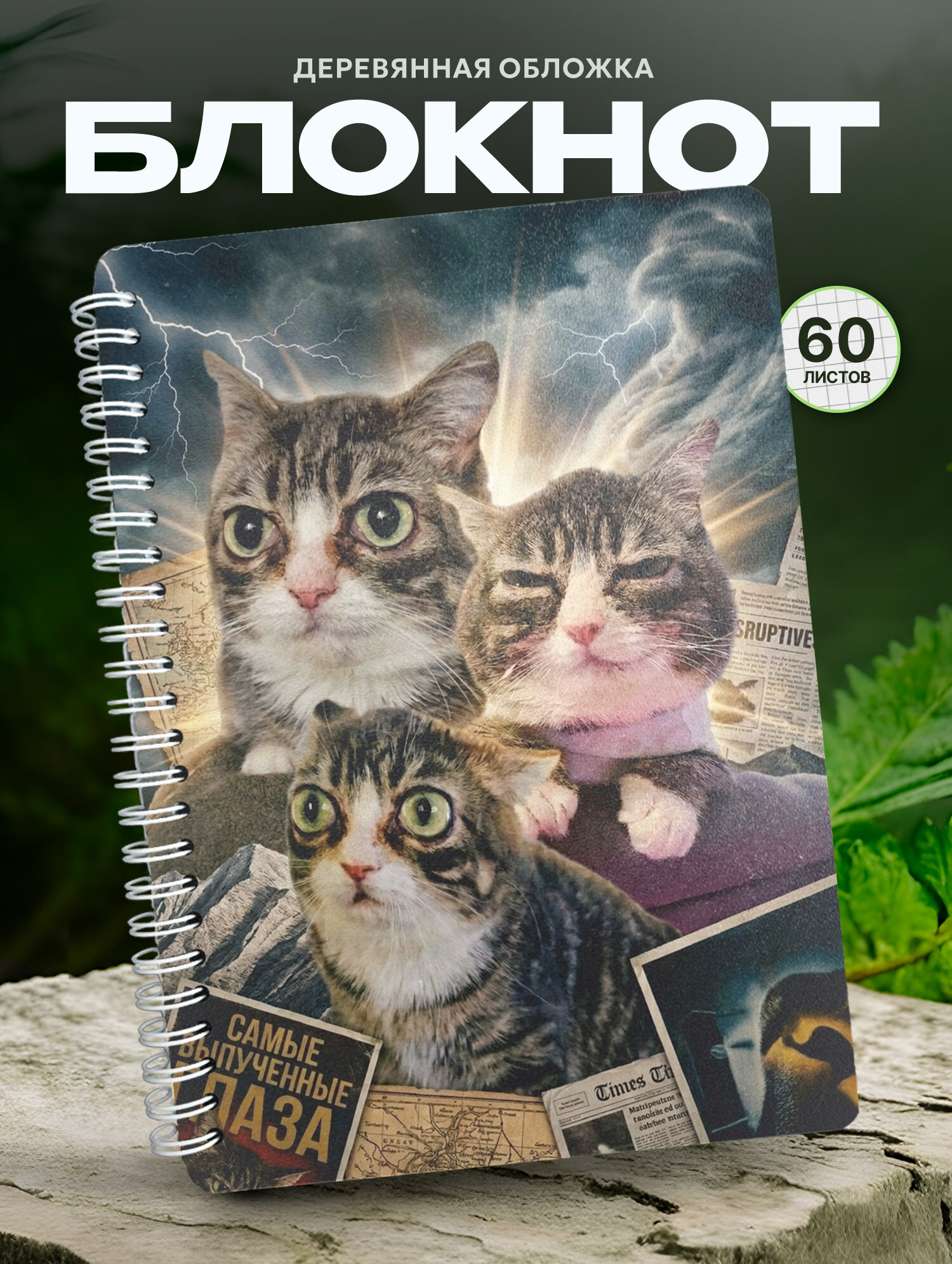 Блокнот Wood-book "Кошка с выпученными глазами. Винки", A5, твердая обложка, лхдф
