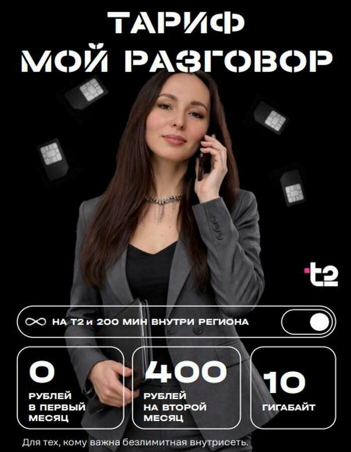 SIM-карта Tele2 "Мой разговор", тариф, nano-SIM, 2G/3G/4G, Баланс 400 руб.
