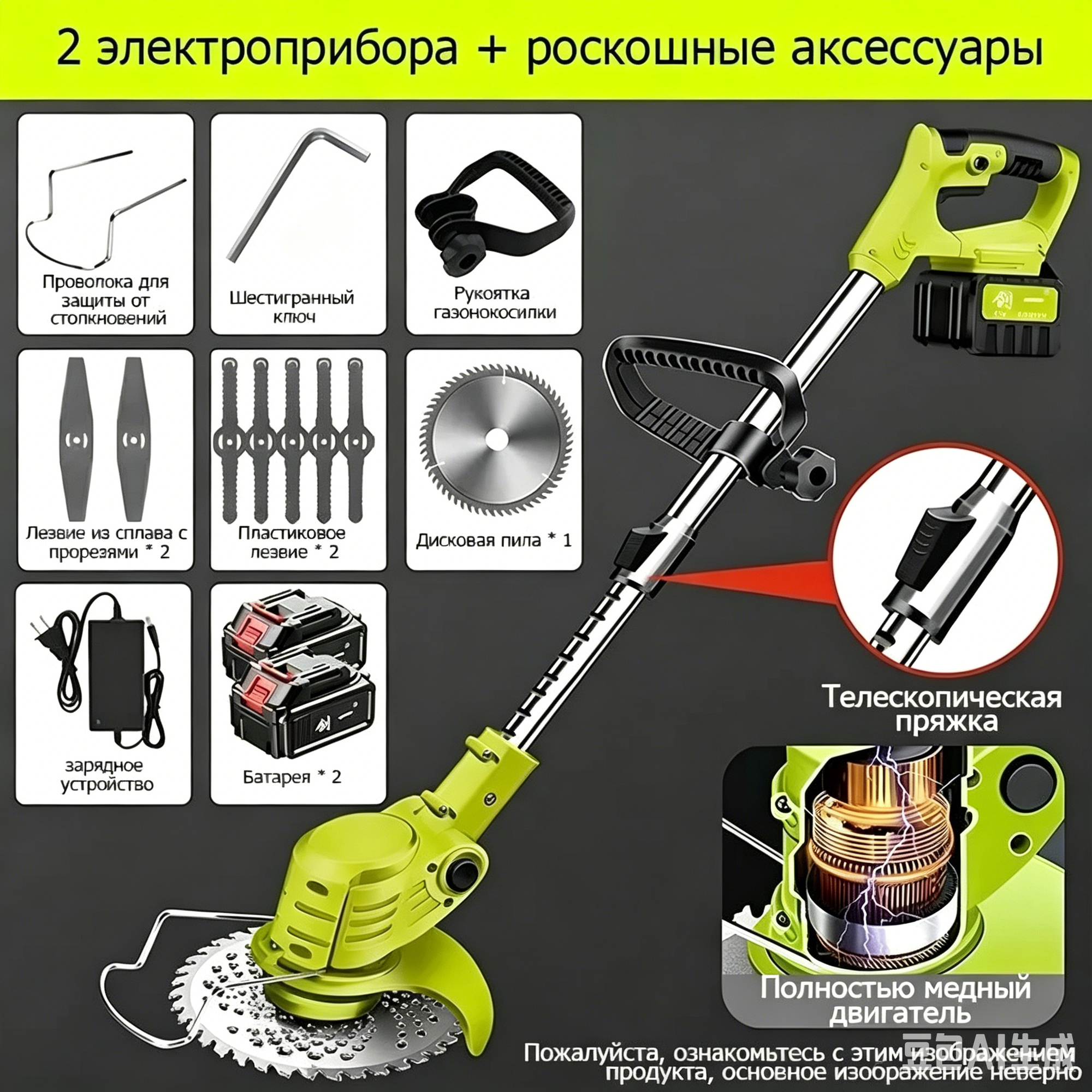 Триммер аккумуляторный с 2 аккумуляторами, газонокосилка для дачи, с набором аксессуаров
