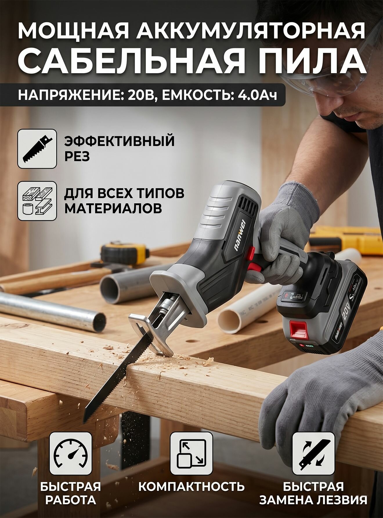 Аккумуляторная реверсивная пила Nanwei, портативная маятниковая пила, бытовой режущий инструмент. (без аккумулятора)