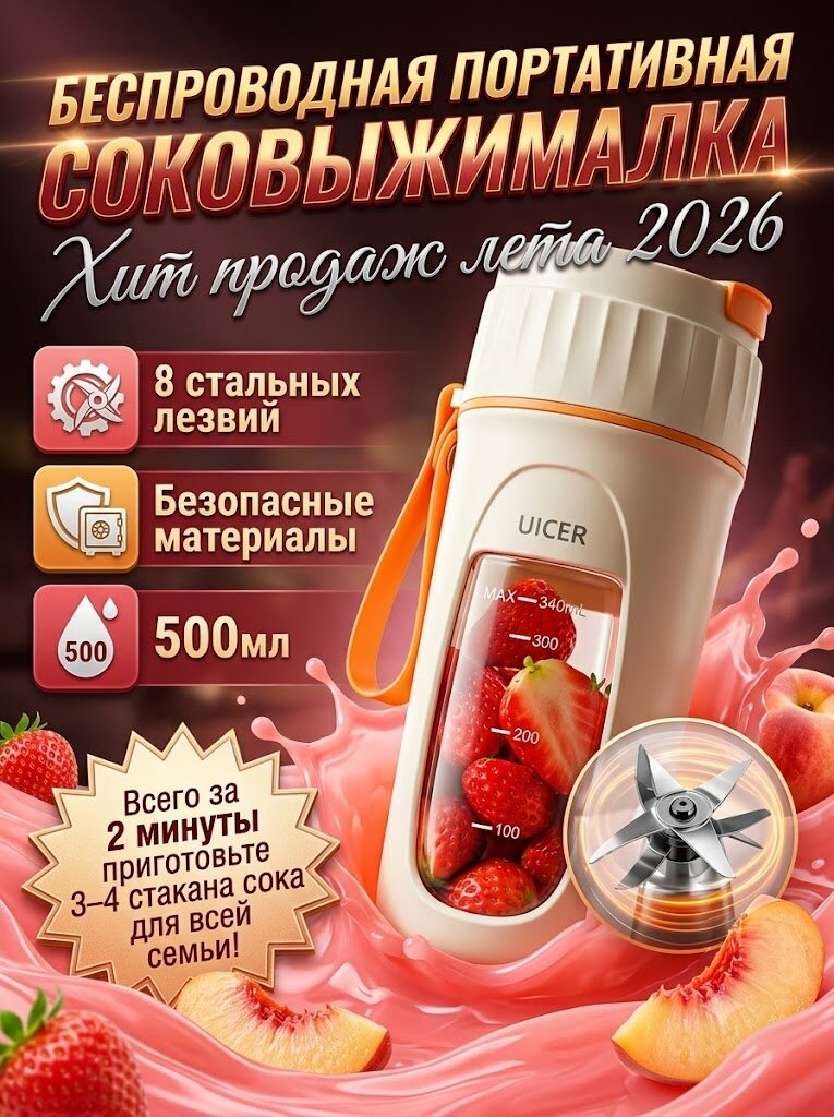 Портативный блендер беспроводной для смузи и коктейлей, 3 скорости с дисплеем, белый