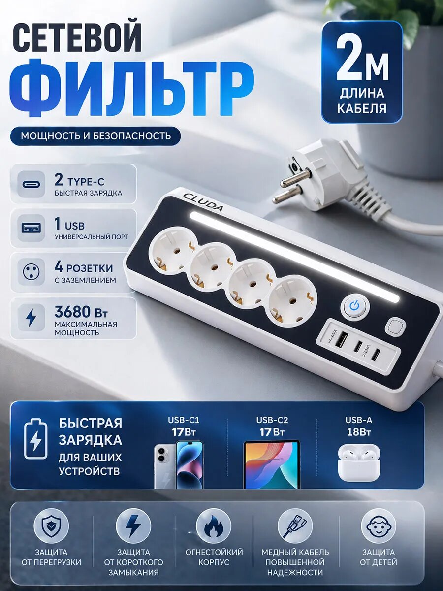 Несколько розеток, 4 отделения удлинитель с 2 Type-C 1 USB и светодиодный ночник 1.5M защита от перенапряжения угловая розетка 3680W 16A для мебели столешницы кухня