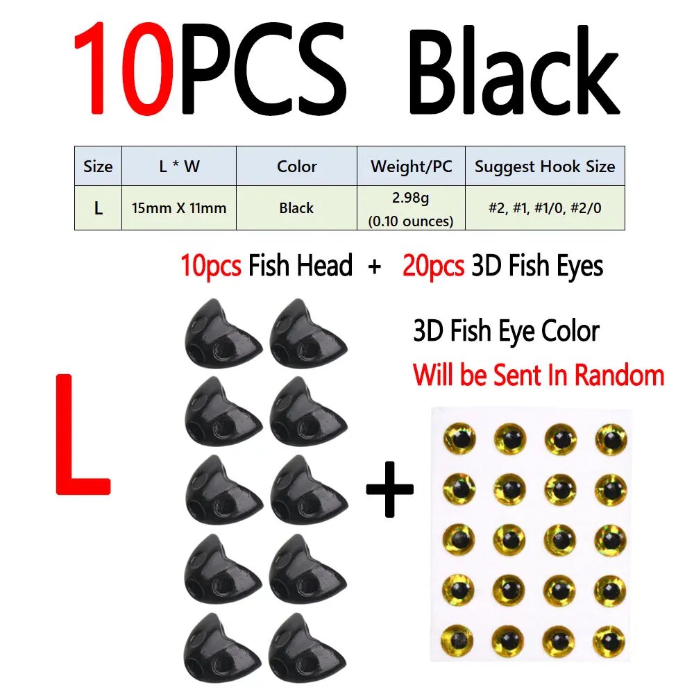 Bimoo, 10 шт, шлемы для вязания нахлыстом, 3D рыбьи глаза Черный, 10pcs Black L