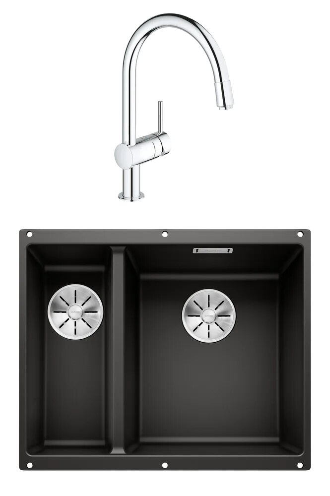 Комплект Мойка Blanco Subline 340/160-U, черная, правая / Смеситель Grohe Minta 3291800E, хром